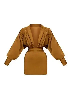 PrettyLittleThing | Dresses | Plunge Neck Long Sleeve Mini Dress In ...